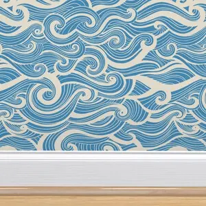 Spoonflower Ocean Waves Cerulean 100% Natural Sisal Grasscloth Wallcovering