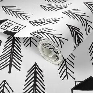 Spoonflower Black And White Forest Trees Outdoor Cabin Custom Pre-pasted Wallpaper - White,gray