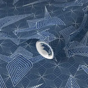 Spoonflower Sashiko Cranes Birds Japanese Origami Custom Removable Wallpaper - Blue