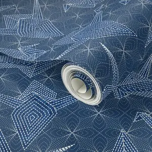 Spoonflower Sashiko Cranes Birds Japanese Origami Custom Removable Wallpaper - Blue