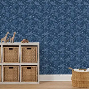 Spoonflower Sashiko Cranes Birds Japanese Origami Custom Removable Wallpaper - Blue