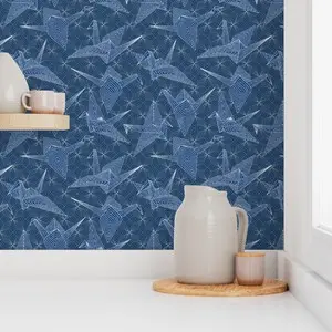 Spoonflower Sashiko Cranes Birds Japanese Origami Custom Removable Wallpaper - Blue