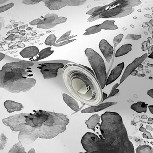 Spoonflower Floral Pattern Black White Print Watercolor Custom Pre-pasted Wallpaper - Black,white,gray