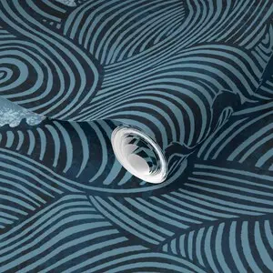 Spoonflower Nessie Lochness Monster Water Fantasy Ink Waves Custom Pre-pasted Wallpaper - Blue