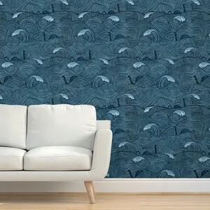 Spoonflower Nessie Lochness Monster Water Fantasy Ink Waves Custom Pre-pasted Wallpaper - Blue