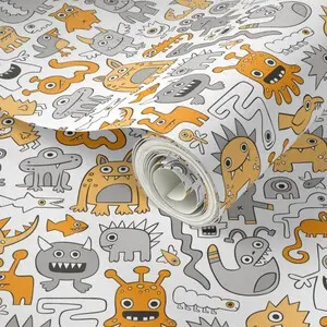 Spoonflower Monsters In Orange On White Traditional Wallpaper - Gray,brown,black