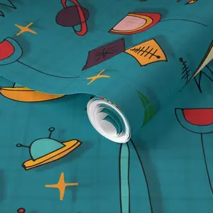 Spoonflower Retro Space Age Mid Century Rockets Modern Ufo Custom Removable Wallpaper Blue,red,black