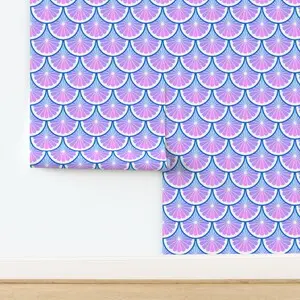 Spoonflower Citrus Scale Scallop Fruit Fruity Circle Custom Removable Wallpaper - Purple,blue