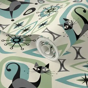Spoonflower Retro Geometric Abstract Cat 1950s Cats Fifties Custom Pre-pasted Wallpaper - Sage,green,blue