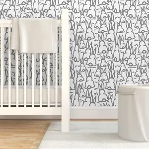 Spoonflower Bunnies Rabbits Bunny Grey Small Traditional Wallpaper - White,gray