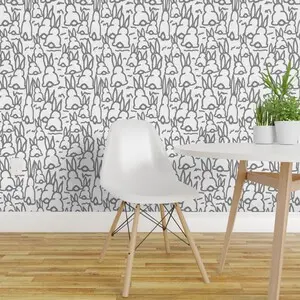 Spoonflower Bunnies Rabbits Bunny Grey Small Traditional Wallpaper - White,gray