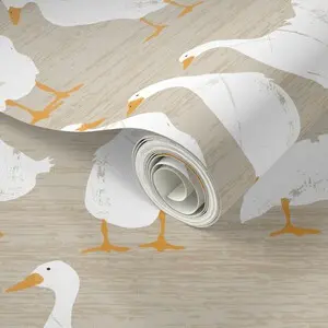 Spoonflower Ducks Farmhouse Cream Beige White Farm Custom Removable Wallpaper - Beige,white,brown