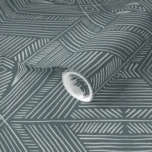 Spoonflower Blue Lines Symmetry Geography Mudcloth Custom Pre-pasted Wallpaper Gray,blue,teal