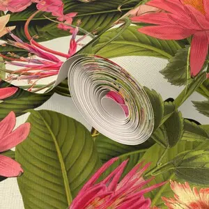 Spoonflower Palm In ~ Floral Fantastico Bright On Off White 100% Natural Sisal Grasscloth Wallcovering White