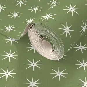 Spoonflower Olive And White Stars 100% Natural Sisal Grasscloth Wallcovering - Green,white