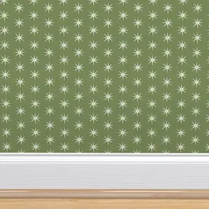 Spoonflower Olive And White Stars 100% Natural Sisal Grasscloth Wallcovering - Green,white