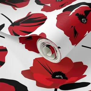 Spoonflower Flower Black White Red Floral Poppies Traditional Wallpaper - Red,black,white