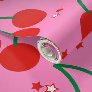 Spoonflower Pink Stars Fruit Cherry Kitchen Cherries White Custom Pre-pasted Wallpaper - Pink,green,beige
