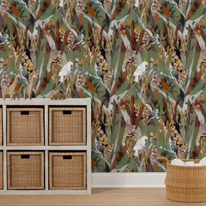 Spoonflower Bush Australia Sydney Kookaburra Cockatoo Custom Pre-pasted Wallpaper - Brown,gray