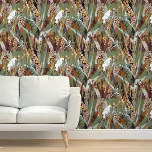 Spoonflower Bush Australia Sydney Kookaburra Cockatoo Custom Pre-pasted Wallpaper - Brown,gray