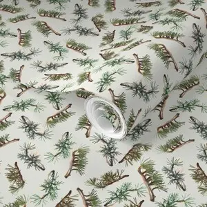 Spoonflower Small Pine Tree Needles Forest Winter Snow Custom Pre-pasted Wallpaper - Green