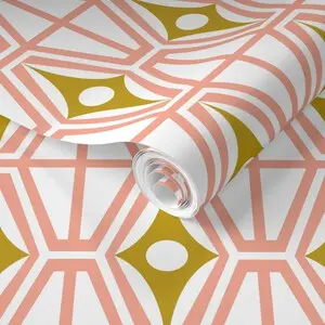 Spoonflower Pink Vintage Retro Geometric Abstract Diamond Custom Pre-pasted Wallpaper - White,pink,coral