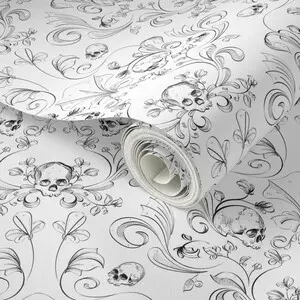 Spoonflower Black White Skull Damask Artistic Halloween Custom Removable Wallpaper - Black,white,gray