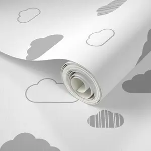 Spoonflower Clouds Sky And White In Grey Custom Removable Wallpaper - White,gray