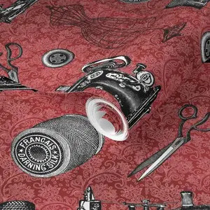 Spoonflower Vintage Machine Form Thimble Custom Pre-pasted Wallpaper - Red,black,gray