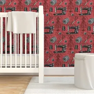Spoonflower Vintage Machine Form Thimble Custom Pre-pasted Wallpaper