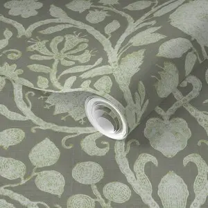 Spoonflower Floral Damask French Spring Custom Pre-pasted Wallpaper - Green,white,sage