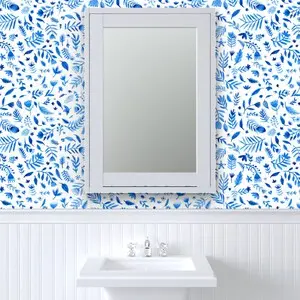 Spoonflower Blue Flowers Leaves Floral Blues Foliage Fleurs Custom Pre-pasted Wallpaper - Blue,gray