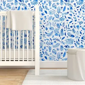 Spoonflower Blue Flowers Leaves Floral Blues Foliage Fleurs Custom Pre-pasted Wallpaper - Blue,gray