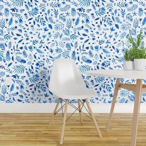 Spoonflower Blue Flowers Leaves Floral Blues Foliage Fleurs Custom Pre-pasted Wallpaper - Blue,gray