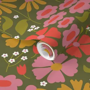 Spoonflower Floral Retro Calliopsis Custom Pre-pasted Wallpaper - Brown,red,pink