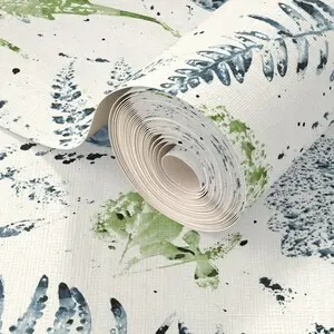 Spoonflower Painterly Leaves Blue 100% Natural Sisal Grasscloth Wallcovering - Green