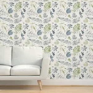 Spoonflower Painterly Leaves Blue 100% Natural Sisal Grasscloth Wallcovering