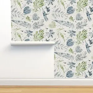 Spoonflower Painterly Leaves Blue 100% Natural Sisal Grasscloth Wallcovering
