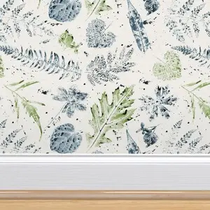 Spoonflower Painterly Leaves Blue 100% Natural Sisal Grasscloth Wallcovering