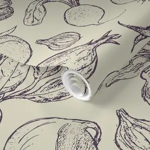 Spoonflower Veggies Gardening Vegetables Harvest Vintage Retro Custom Removable Wallpaper - Gray