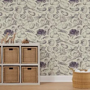 Spoonflower Veggies Gardening Vegetables Harvest Vintage Retro Custom Removable Wallpaper - Gray