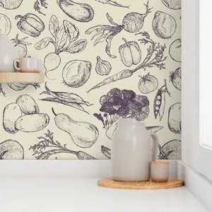 Spoonflower Veggies Gardening Vegetables Harvest Vintage Retro Custom Removable Wallpaper - Gray