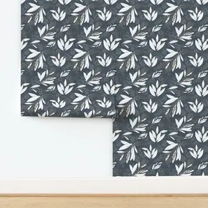 Spoonflower Black And White Vintage Hand Drawn Botanical Steel Traditional Wallpaper - Blue