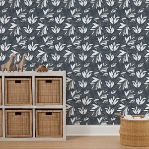 Spoonflower Black And White Vintage Hand Drawn Botanical Steel Traditional Wallpaper - Blue
