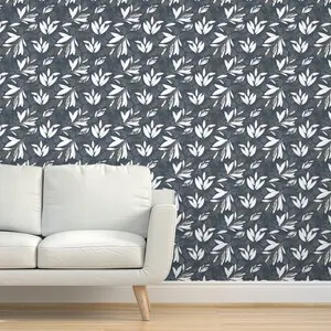 Spoonflower Black And White Vintage Hand Drawn Botanical Steel Traditional Wallpaper - Blue