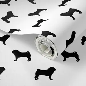 Spoonflower White Green Pug Silhouette Traditional Wallpaper - Black,white,gray
