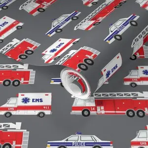 Spoonflower First Gray Ambulance Fire Truck Car Firefighter Custom Pre-pasted Wallpaper Gray,red,pink