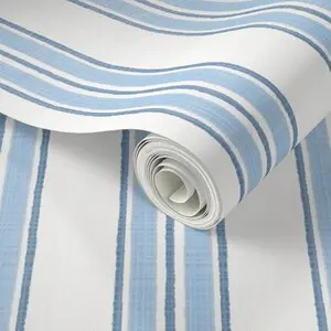 Spoonflower Stripe French And White Ticking Rugby Custom Pre-pasted Wallpaper - Blue