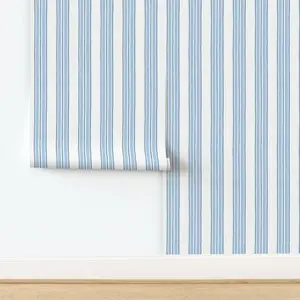 Spoonflower Stripe French And White Ticking Rugby Custom Pre-pasted Wallpaper - Blue