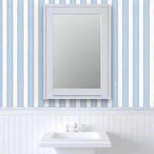 Spoonflower Stripe French And White Ticking Rugby Custom Pre-pasted Wallpaper - Blue